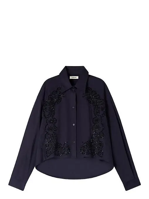 Sandro Floral-embroidered Cotton Shirt - Navy Blue