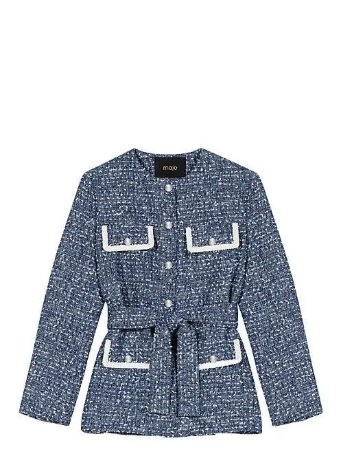 Maje Four-pocket Belted Tweed Jacket - Blue