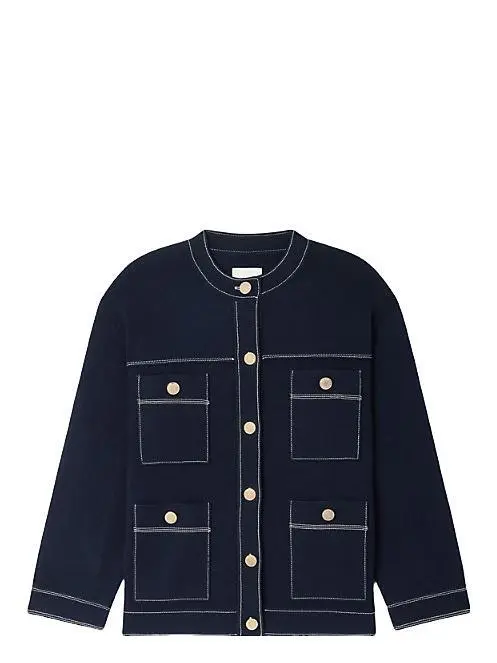 Sandro Four-pocket Contrast-stitch Knitted Cardigan - Navy Blue