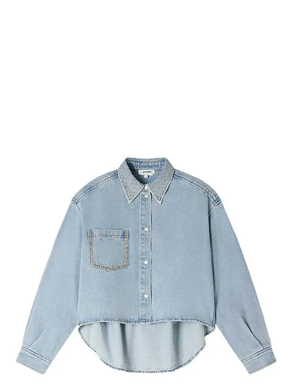 Sandro Rhinestone-trimmed Cropped Denim Shirt - Light Bu Jean