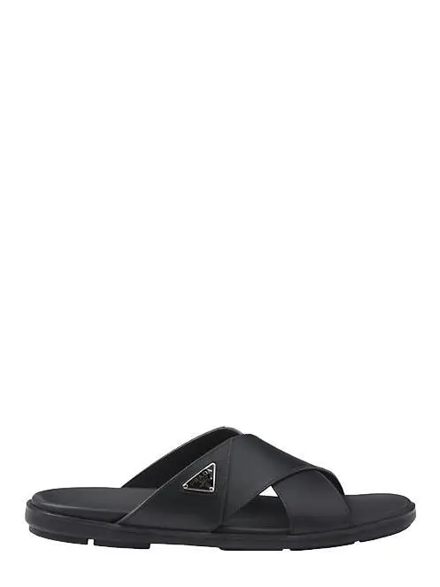 Prada Crisscross Leather Slides - Black