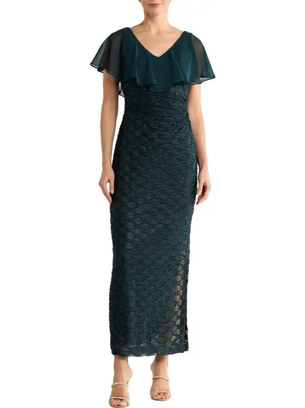 CONNECTED APPAREL Beaded Ruffle Neck Gown - Dark Mallard
