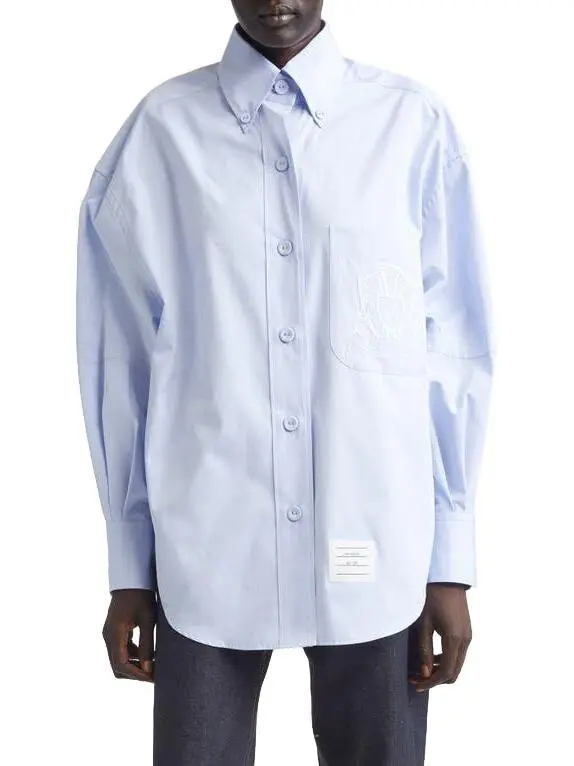 Thom Browne Crest Embroidered Oversize Cotton Poplin Button-down Shirt - Light Blue