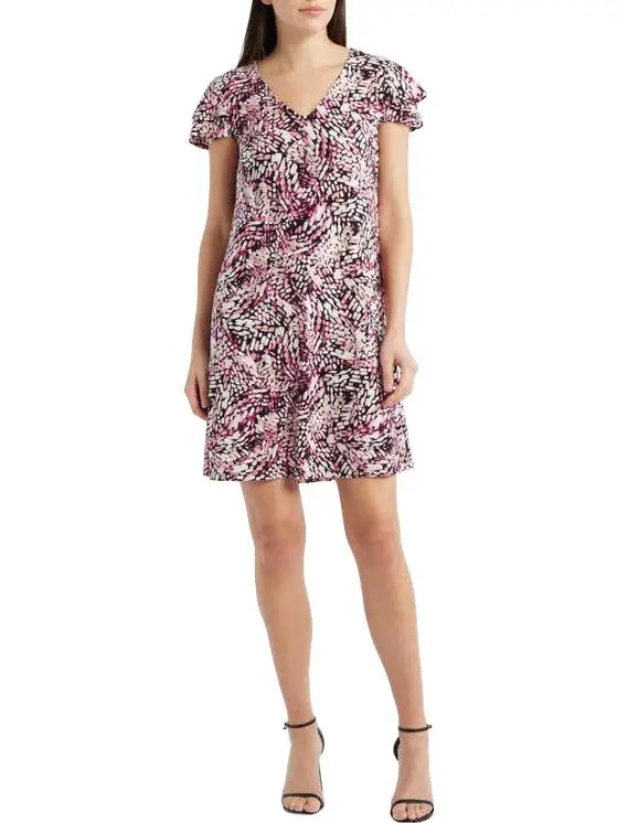 Anne Klein Floral Print Flutter Sleeve A-line Dress - Pink Berry Multi