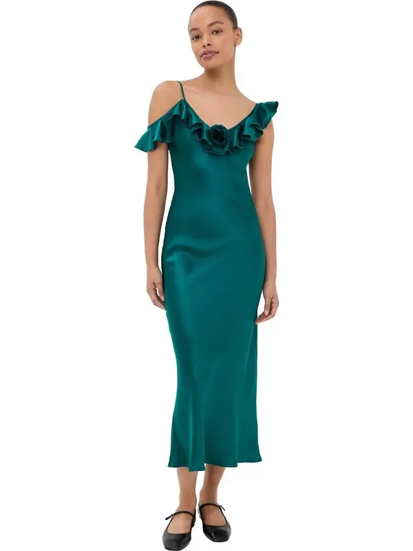 RODARTE Silk Satin Ruffle Bias Slip Dress - Teal