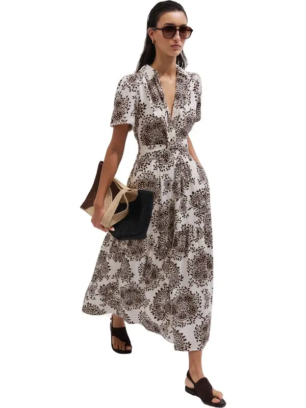 ME+EM Printed Maxi Dress With Belt - Soft White/brown