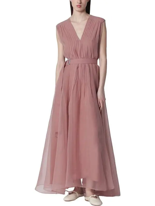 Brunello Cucinelli Long Silk Dress With Belt - Pink