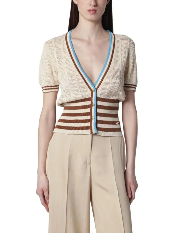 Valentino Garavani Openwork Striped Cotton Cardigan - Beige