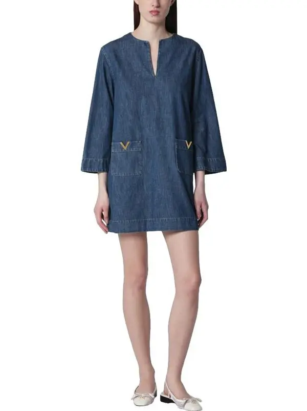 Valentino Garavani Denim Mini Dress With V Gold Details - Blue