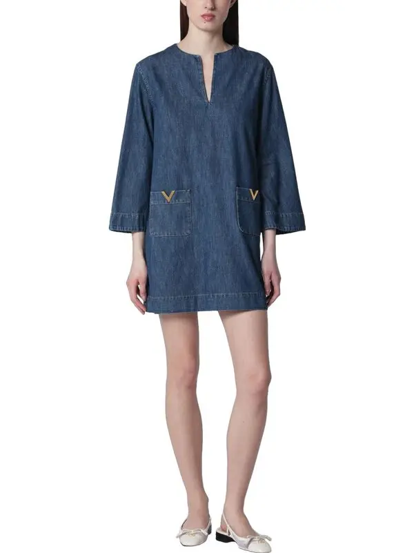 Valentino Garavani Denim Mini Dress With Gold Details - Blue