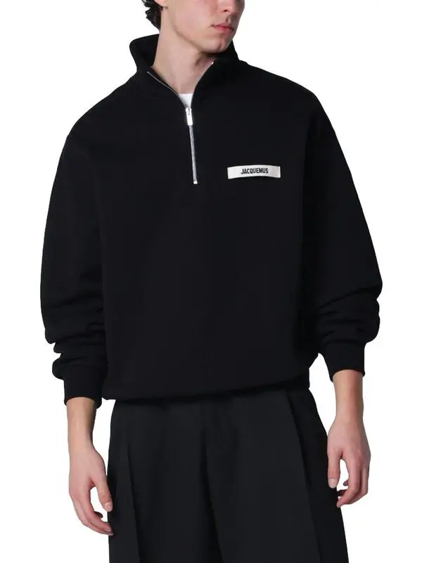 Jacquemus Zip-neck Sweatshirt With Gros Grain Logo - Black