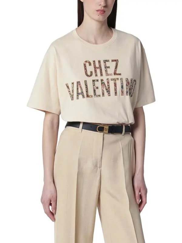 Valentino Garavani Cotton T-shirt With Chez Floral Motif - Beige