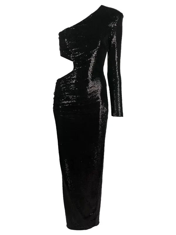NISSA Metallic-finish One-shoulder Long Dress - Black
