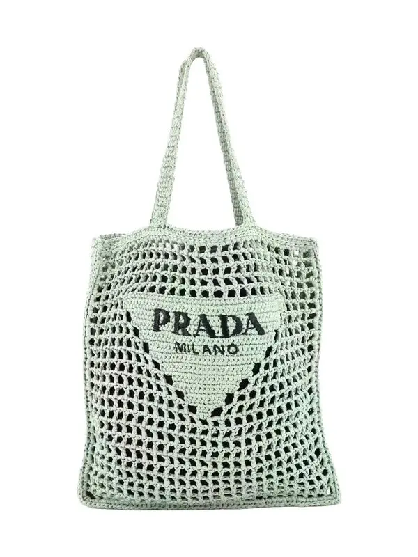 Prada Triangle Logo Raffia Tote Bag - Green