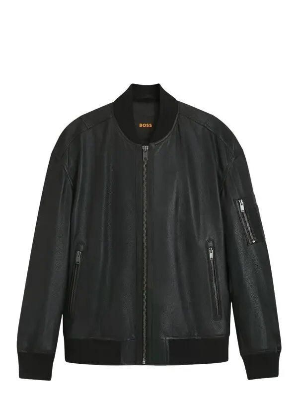 BOSS Zip-up Leather Bomber Jacket - Black