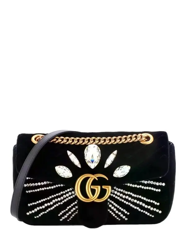 Gucci Gg Marmont Flap Bag Crystal Embellished Matelasse Velvet Medium - Black