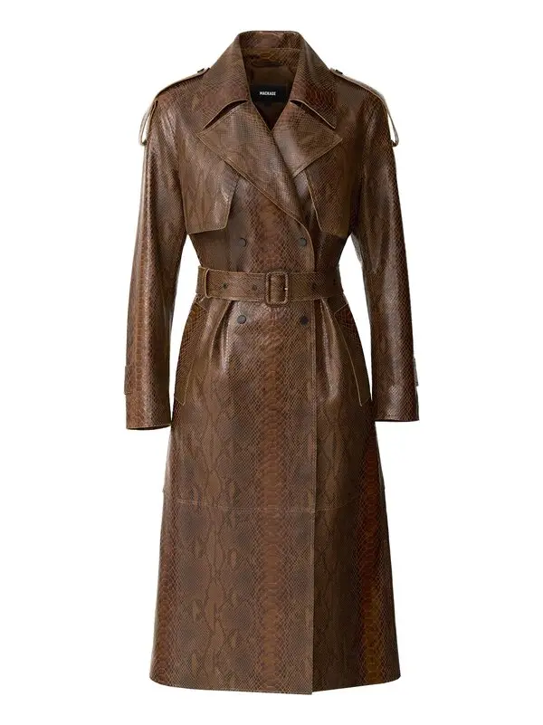 Mackage Snake Pattern Leather Trench Coat - Umber