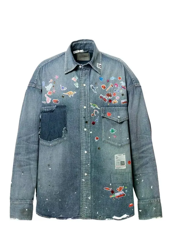 Mihara Yasuhiro Sticker-print Denim Shirt - Blue
