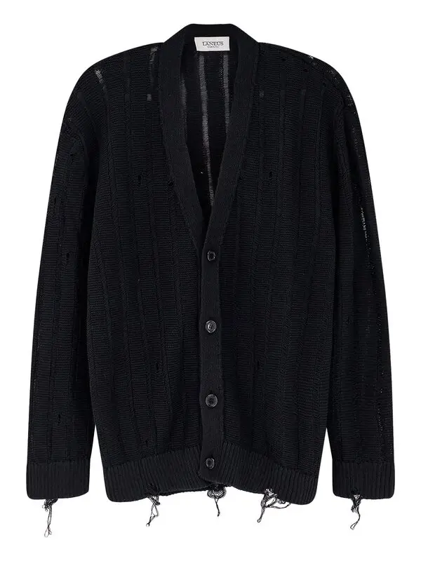 LANEUS Cotton Cardigan With Distressed Detail - Black