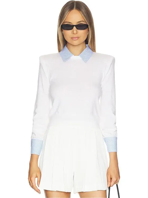 L'Agence Poplin Collar Pullover - White & Blue Stripe
