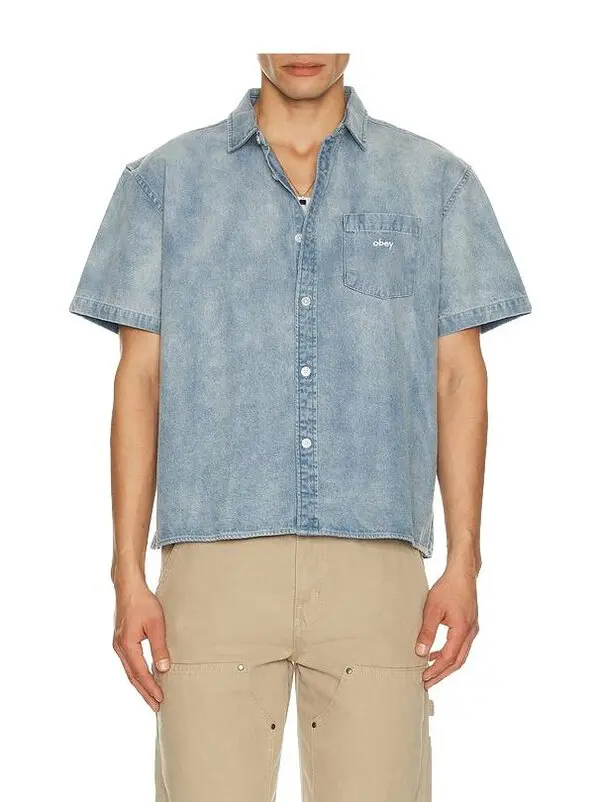 Obey Owens Denim Shirt In Blue - Bleached Indigo
