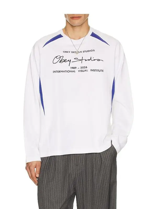 Obey League Long Sleeve Tee In White - White Multi