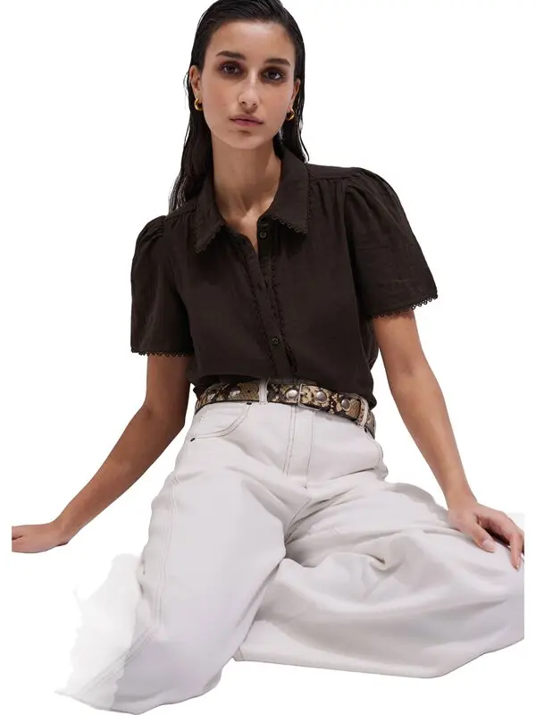 ME+EM Cheesecloth Trim Detail Blouse - Ganache Brown