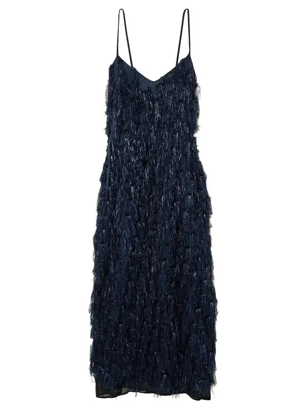 Stella McCartney Metallic Fringed Organza Midi Dress - Blue