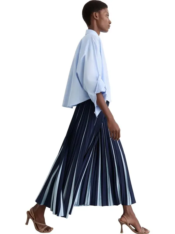 REISS Serena Contrast Pleated Midi Skirt - Navy/pale Blue