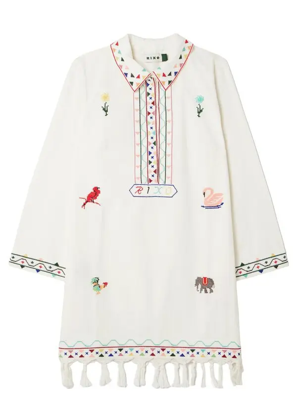 Rixo Astoria Fringed Embroidered Mini Dress - Neutrals