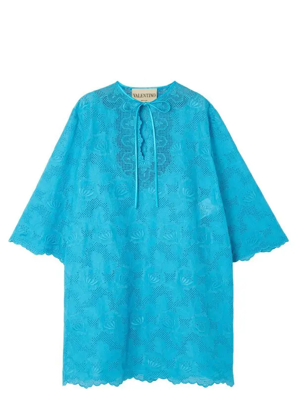 Valentino Garavani Tie-detailed Broderie Anglaise Cotton Mini Dress - Blue