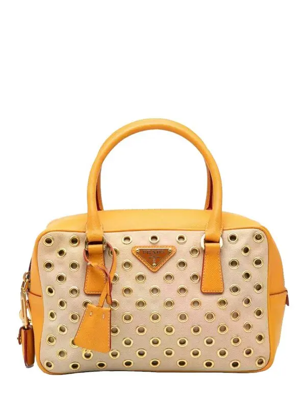 Prada 2013-2025 Small Saffiano Trimmed Canvas Bauletto Bag - Brown
