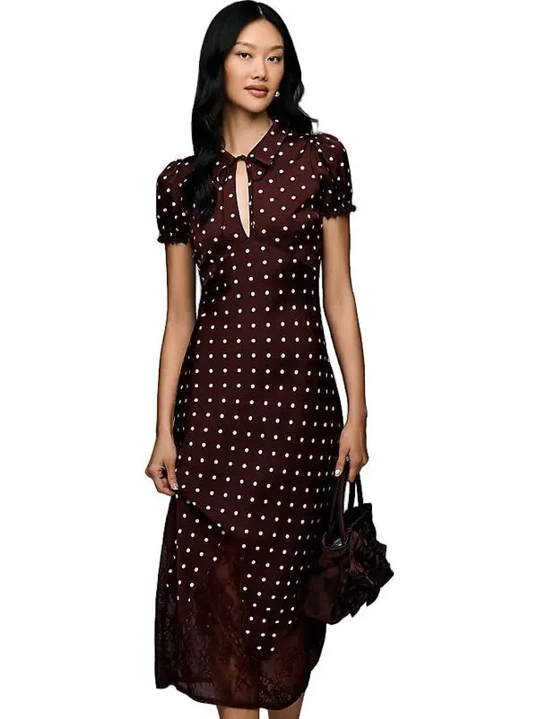 AROSE STUDIO Nerina Short-sleeve Tie-neck A-line Midi Dress - Wine/pink