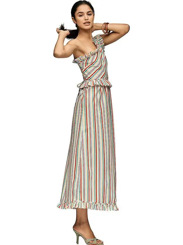Rixo Arabelle One-shoulder Midi Dress - Maxime Stripe Ivory