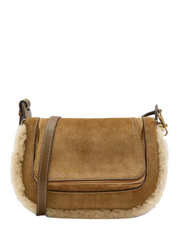 ANYA HINDMARCH Vere Small Shearling-trimmed Suede Cross-body Bag - Brown
