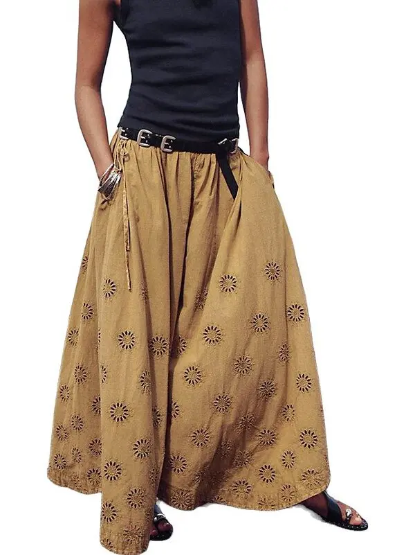 Free People Wide-leg Pants With Floral Cutwork Embroidery - Aged Gold