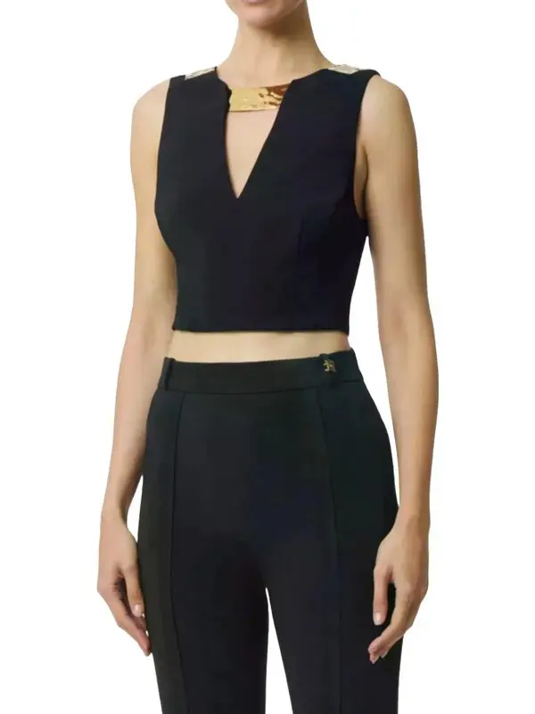 Elisabetta Franchi Jewelled V-neck Cropped Tank Top - Black