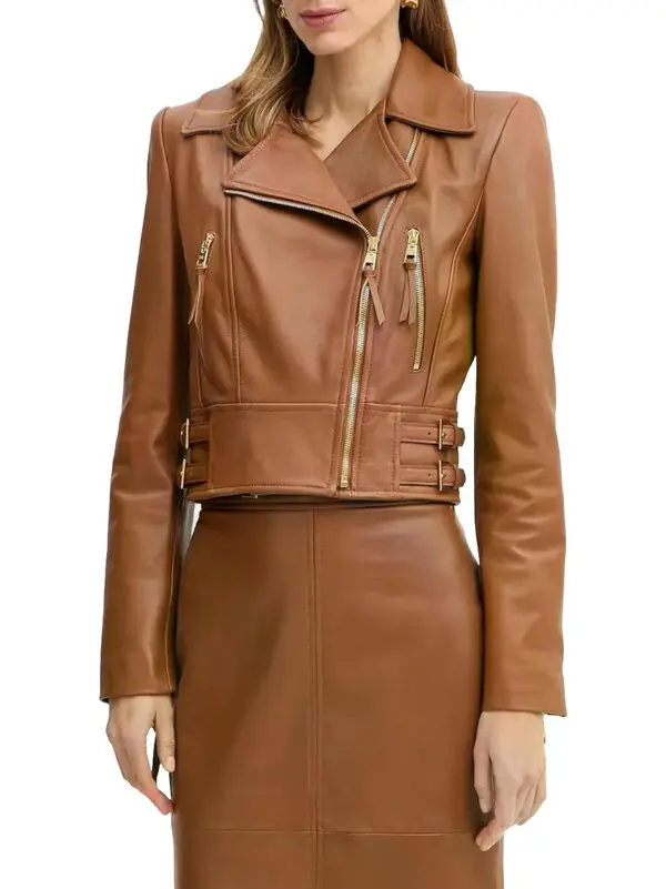 Elisabetta Franchi Belted Leather Biker Jacket - Brown
