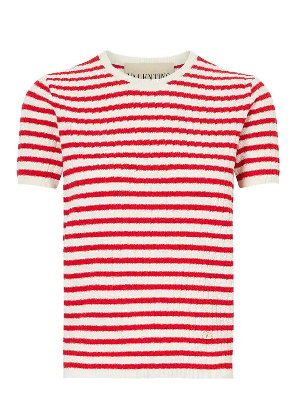 Valentino Garavani Embellished Striped Ribbed Cotton T-shirt - Red