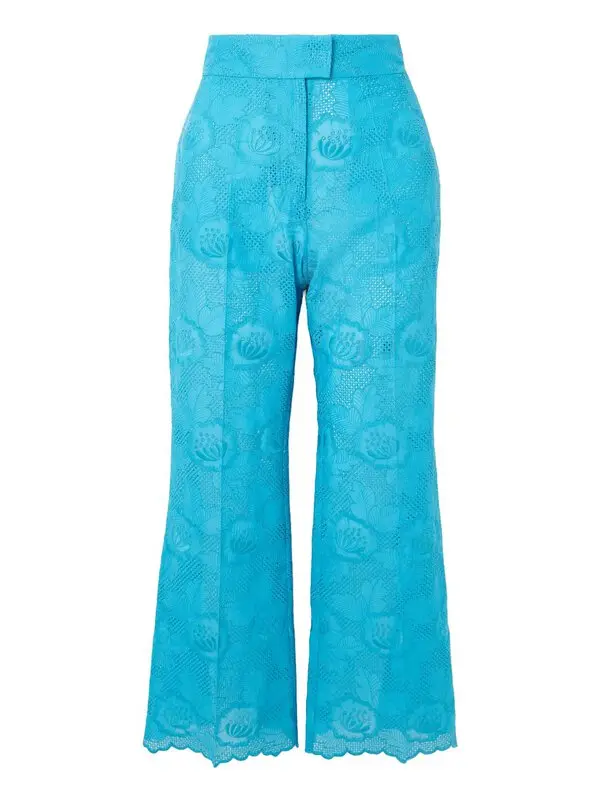 Valentino Garavani Broderie Anglaise Cotton Bootcut Pants - Blue