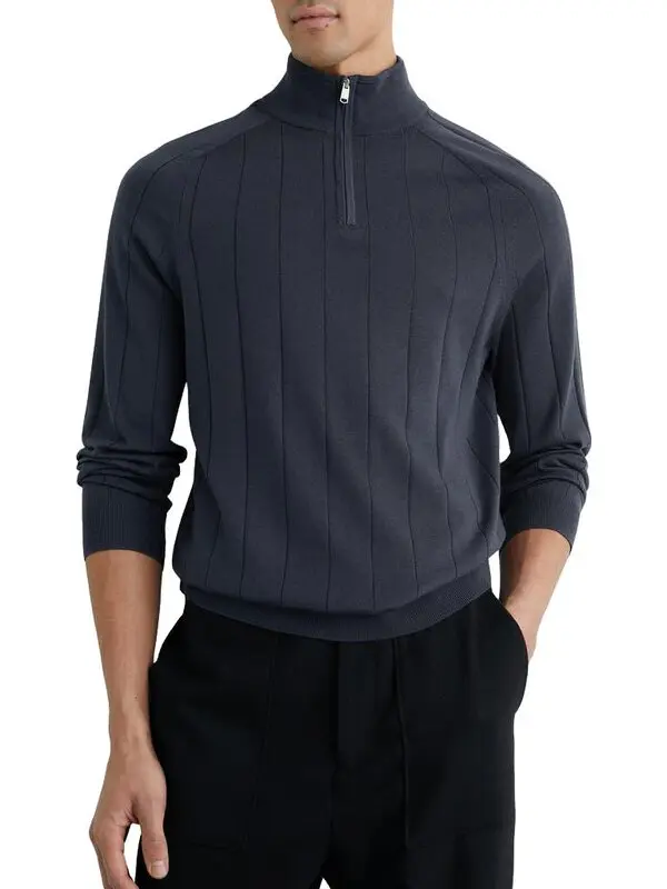 REISS Findlay Wide Rib Merino Wool Quarter Zip Sweater - Airforce Blue