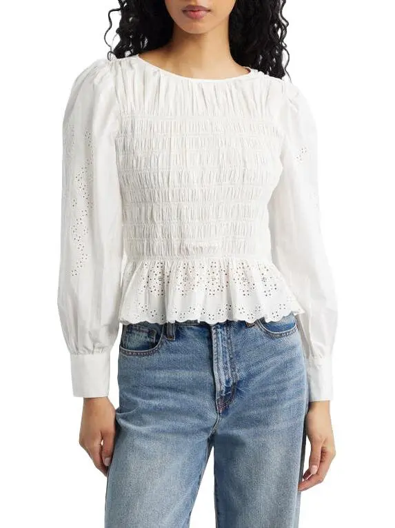 Rails Eyelet Embroidered Smocked Cotton Top - White Embroidery