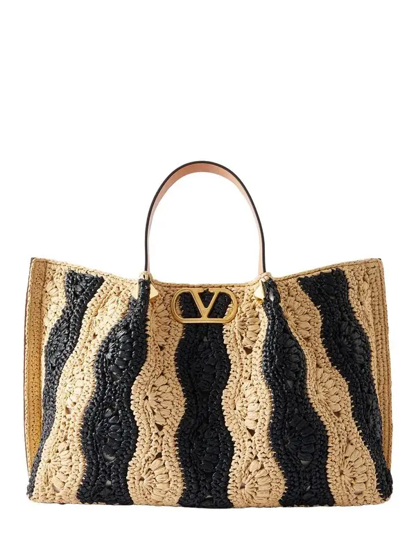 Valentino Garavani Vlogo Signature Medium Embellished Raffia Tote - Black