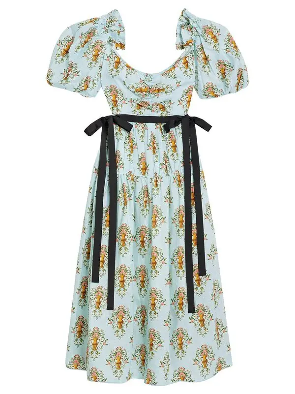 Agua Bendita Yerbamora Remedios Printed Linen Midi Dress With Bow - Sky Blue