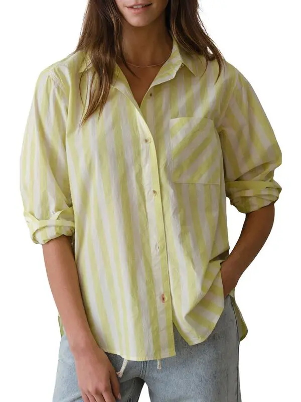 Marine Layer Relaxed Stripe Cotton Poplin Button-up Shirt - Lime Stripe