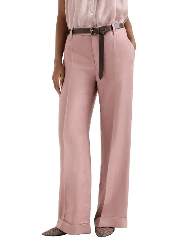 Brunello Cucinelli Loose Flared Linen Trousers - Pink