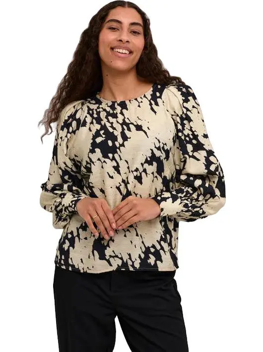 KAFFE Printed Long Sleeve Blouse - Black/sand Graphic Cloud