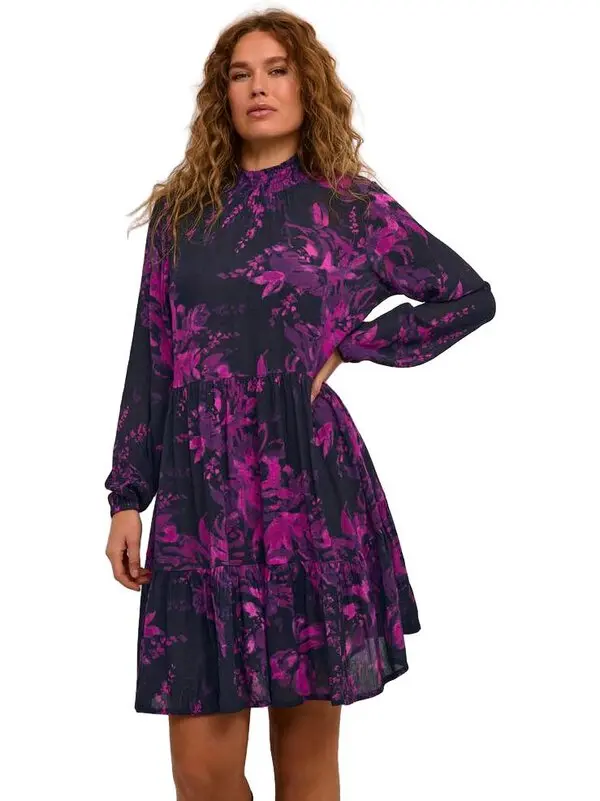 KAFFE Karikka Long Sleeve High Neck Dress - Black/purple Painted