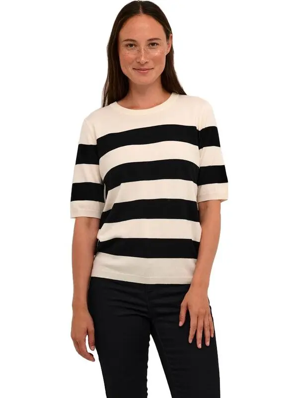 KAFFE Kalizza Short Sleeve Crew Neck Jumper - Black/turtledove Bold Stripe