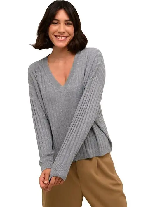 KAFFE V-neck Striped Pullover - Grey Melange